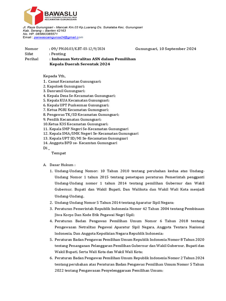 Surat Himbauan Netralitas ASN Dan Aparatur Desa Kecamtan Gunungsari | PDF