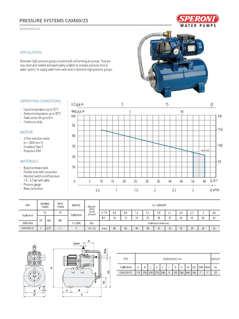 Speroni - Pressure.pumps 309CAM60.25 | PDF | Pump | Valve