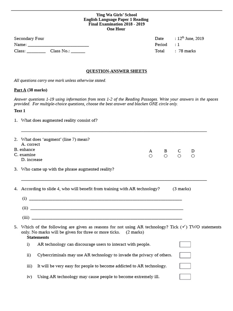 S4 Eng Reading Final 1819 Questions | PDF