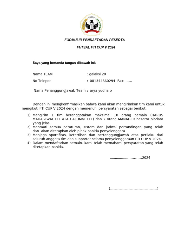 Formulir Fti Cup | PDF