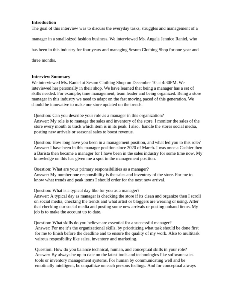 Manager Interview Report Format | PDF | Inventory | Psychology