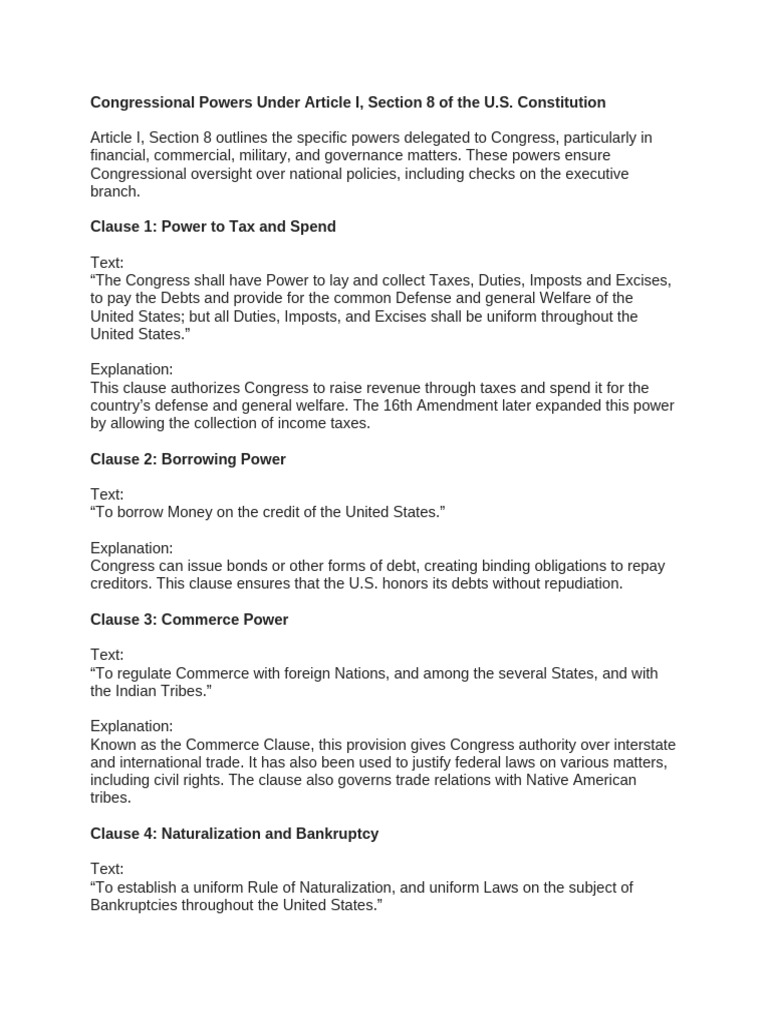Congressional Powers Under Article I | PDF | Article One Of The United ...