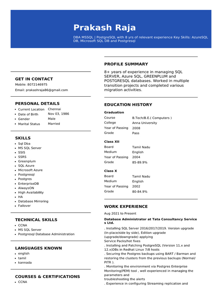 Naukri PrakashRaja (13y 0m) | PDF | Microsoft Sql Server | Databases