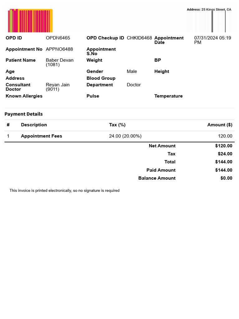 OPD Bill Receipt for Baber Devan | PDF