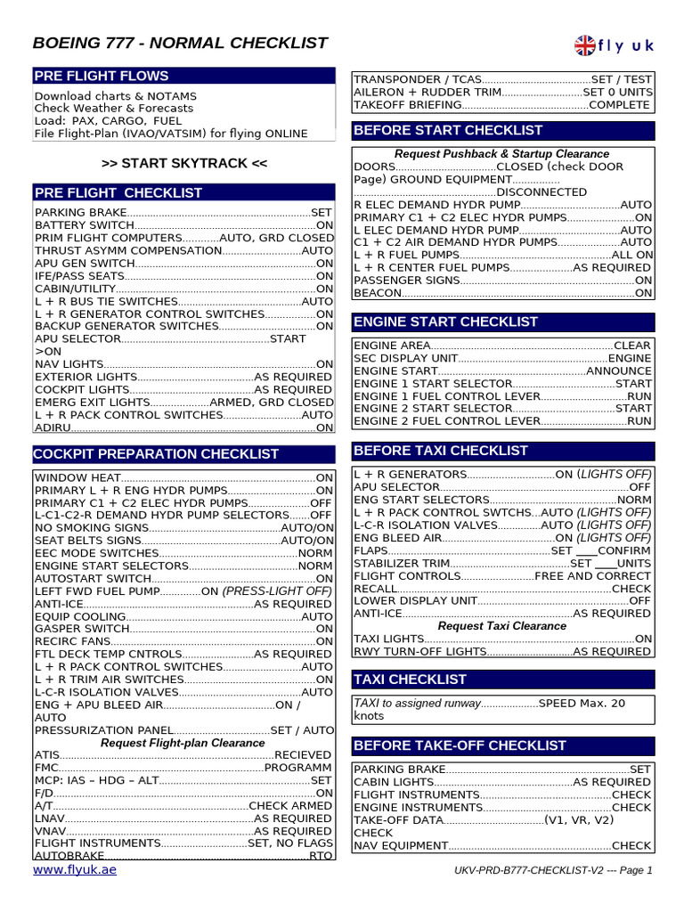 Boeing 777 Pilot Checklist | PDF | Aviation | Aircraft