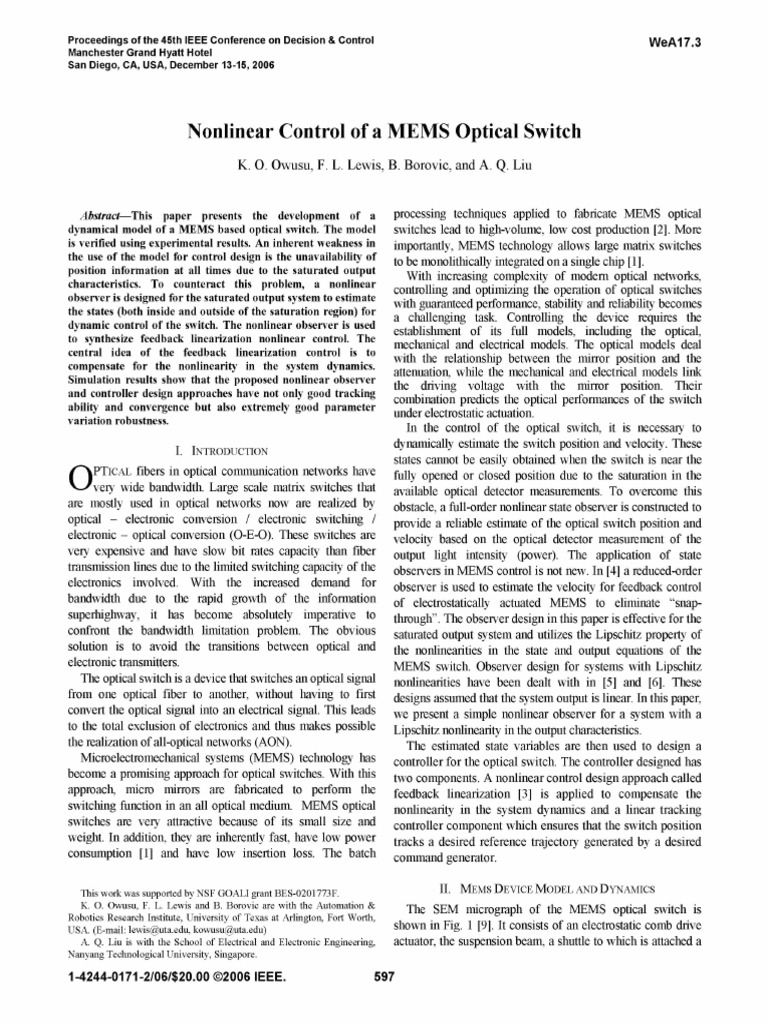 Nonlinear Control of A MEMS Optical Switch - Part1 | PDF | Control Theory | Optics
