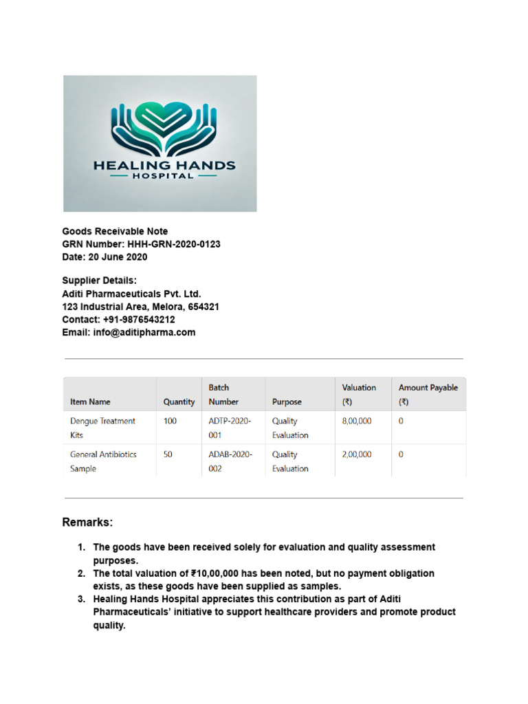 Goods Receivable Note - Aditi Pharmaceuticals | PDF