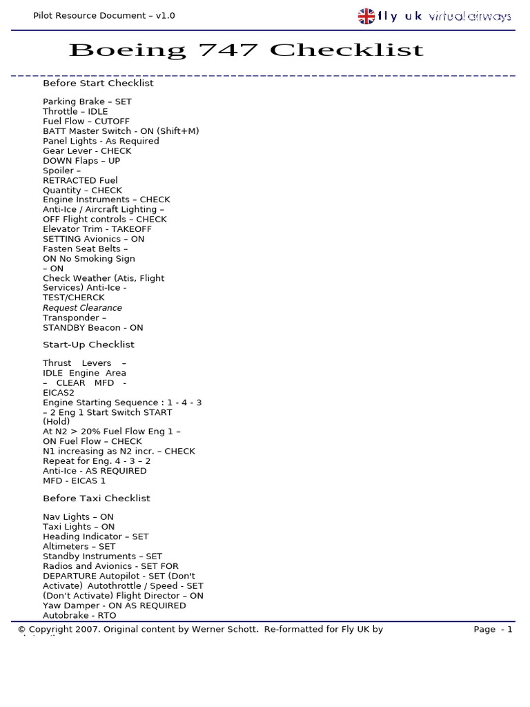 Ukv PRD B747 Checklist V1.0 | PDF | Takeoff | Flap (Aeronautics)