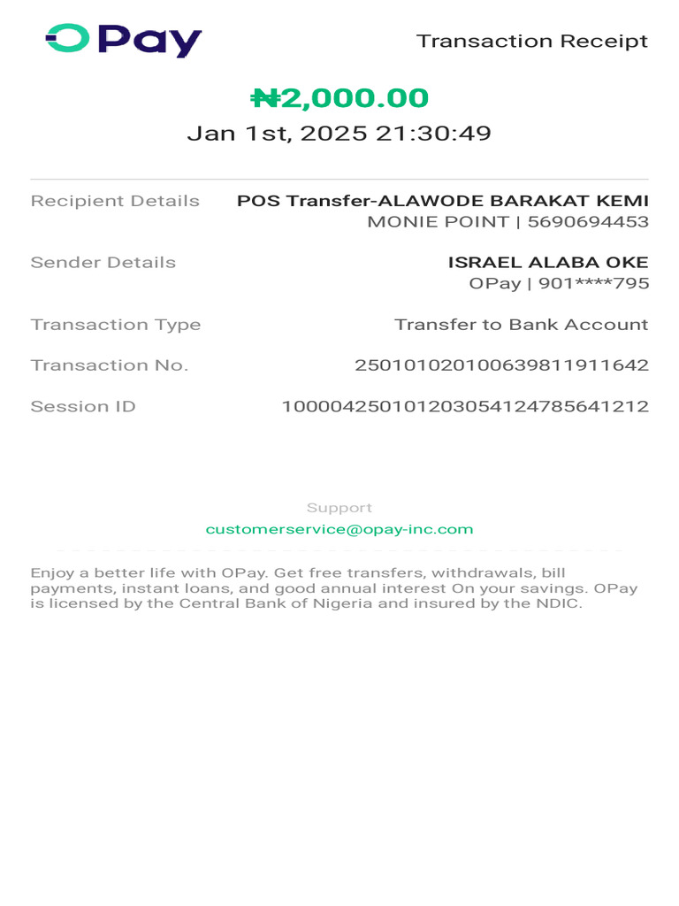 OPay Transaction Receipt - Jan 2025 | PDF