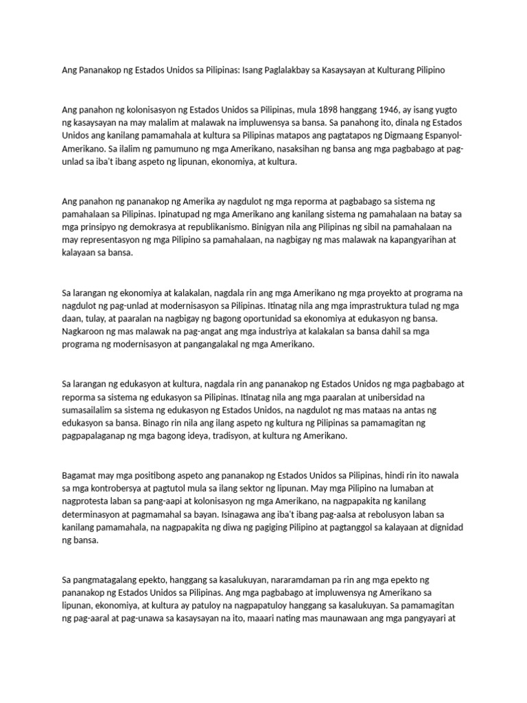 Panahon NG Amerikano Essay | PDF