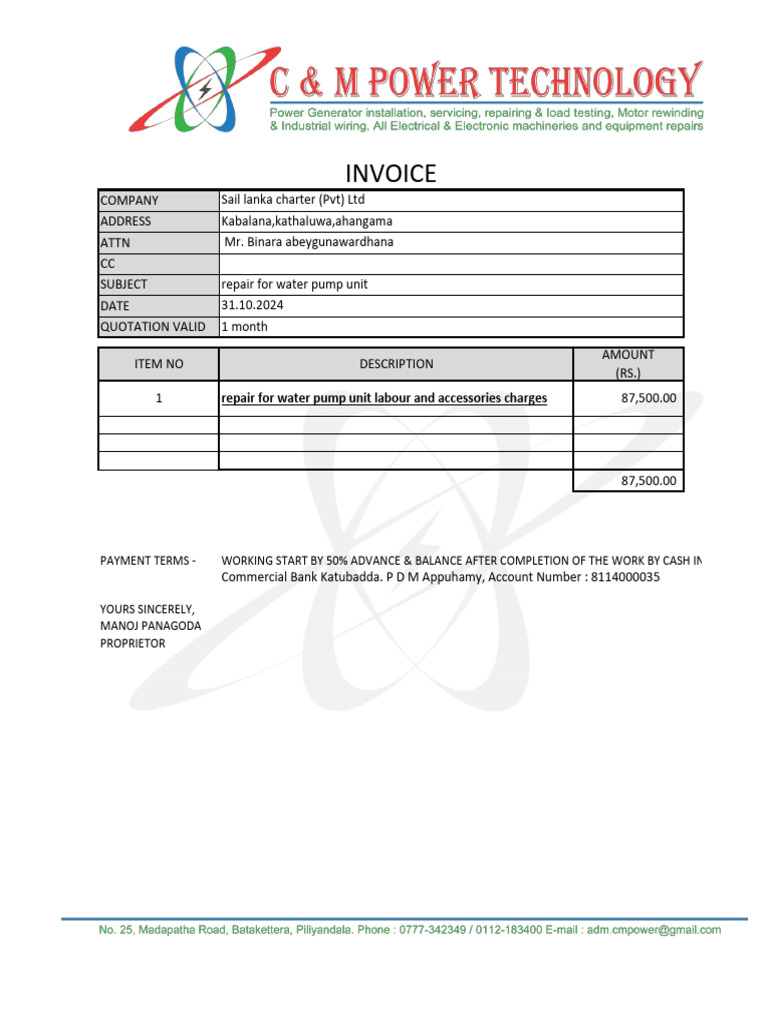 Water Pump Repair Quotation Invoice | PDF