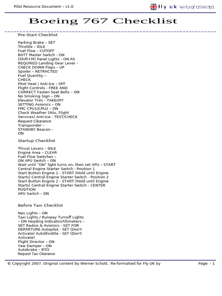 Ukv PRD B767 Checklist V1.0 | PDF | Takeoff | Aircraft