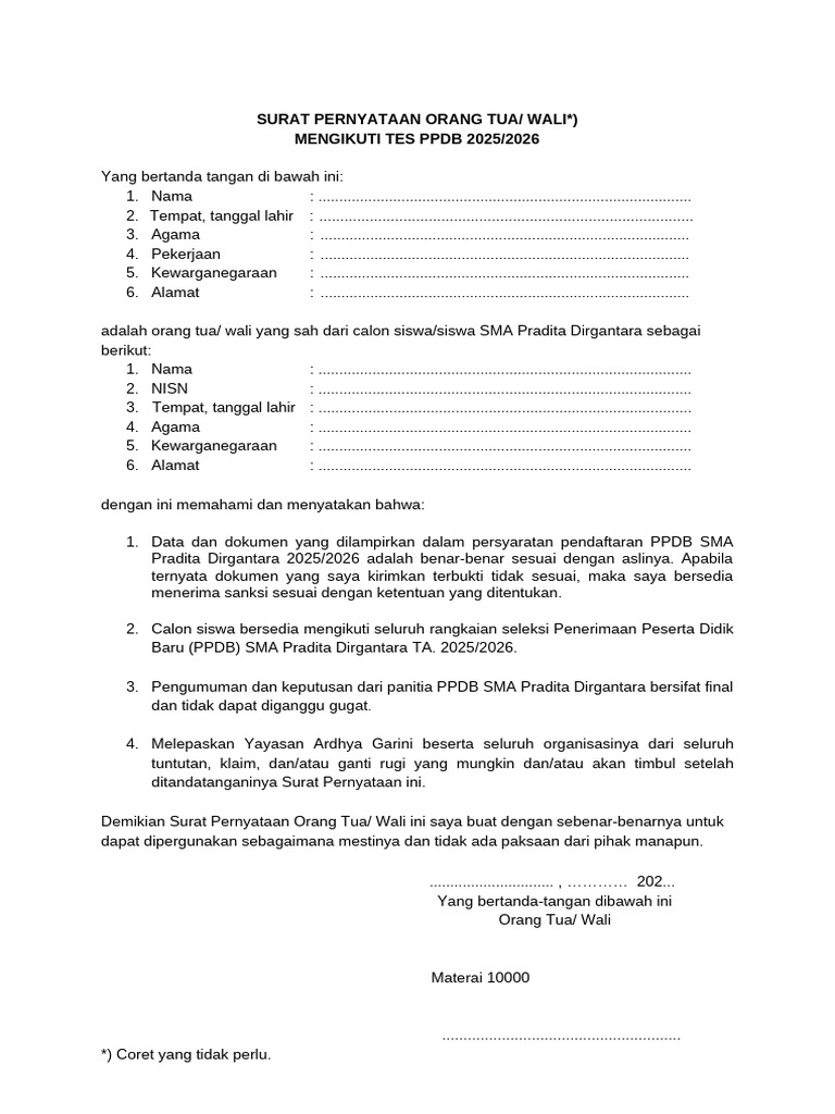 Surat Pernyataan Mengikuti PPDB 2025 2026 Diisi Saat Pendaftaran 2 | PDF
