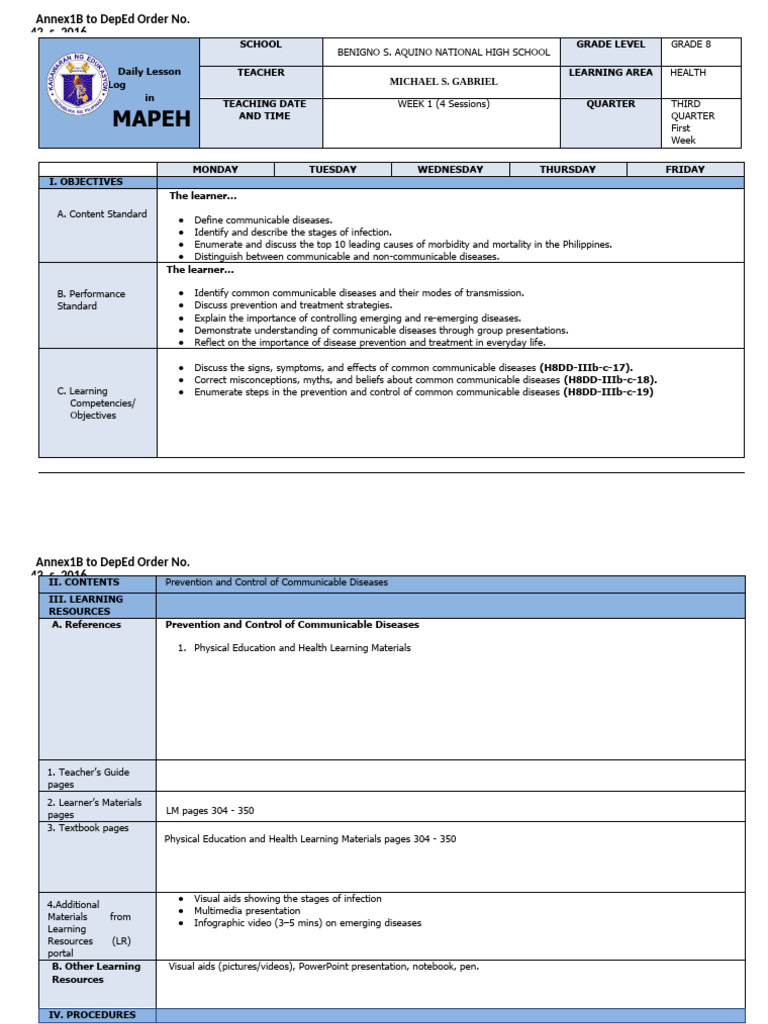DLL - Grade 8 HEALTH 3rd Quater First Week | PDF | Infection | Influenza