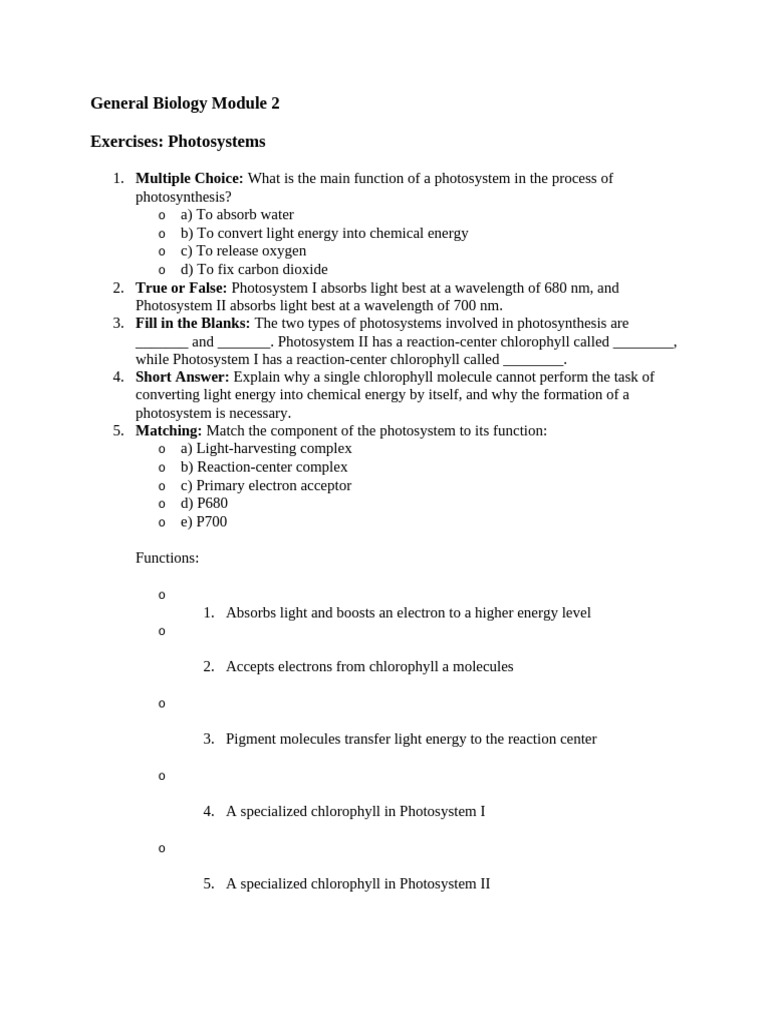 General Biology Module 2 Exercises | PDF | Photosynthesis | Biomolecules