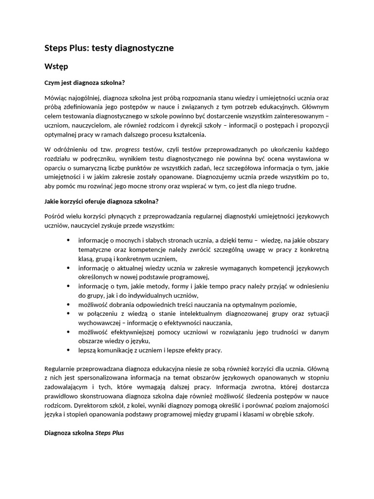 Steps Plus Dla Klasy IV. Diagnoza - Wstep | PDF