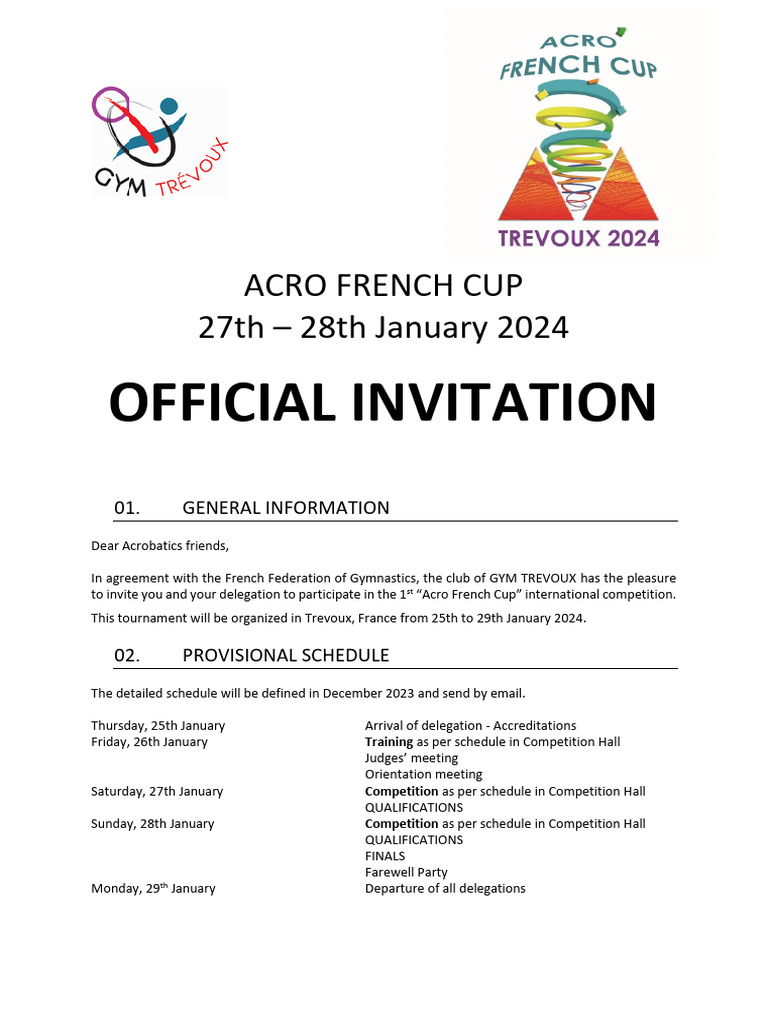 Acro French Cup 2024 Invitation | PDF | Fee