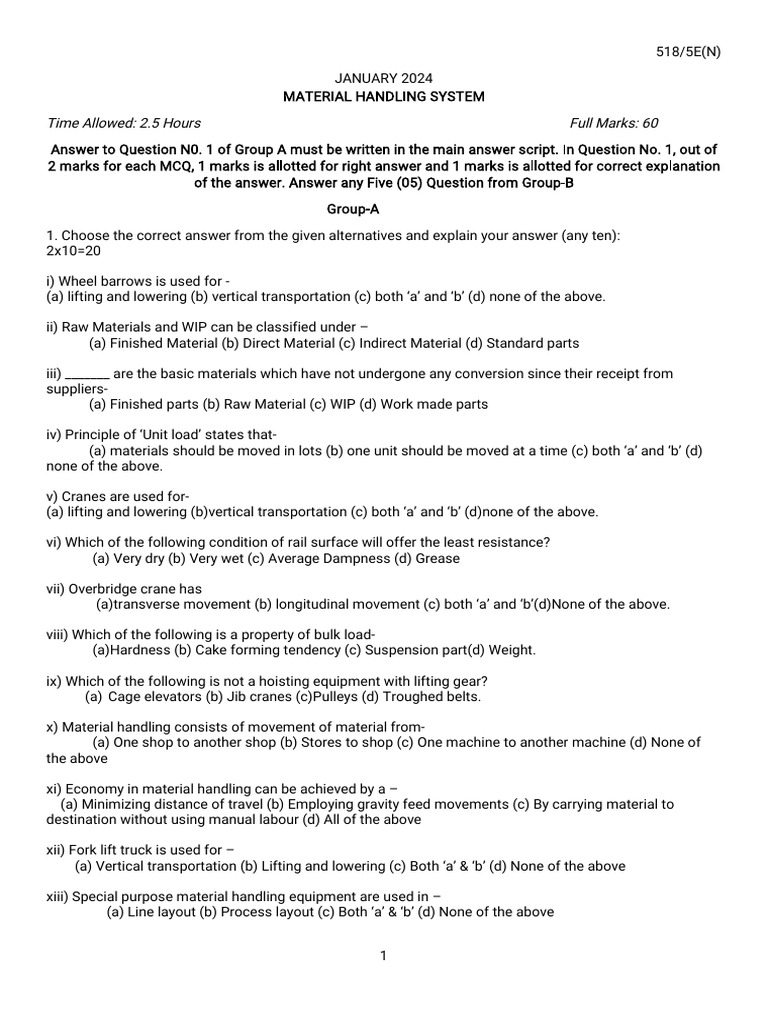 DME S5 Material Handling January 2024 Question Paper | PDF | Crane ...