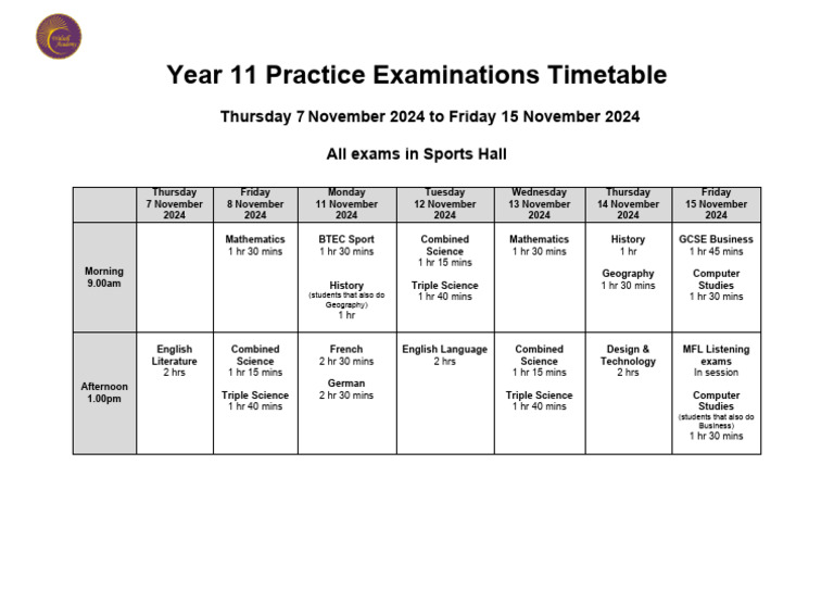 Y11 Practice Exam Timetable - November 2024 FINAL | PDF | Vocational Education | Educational Stages