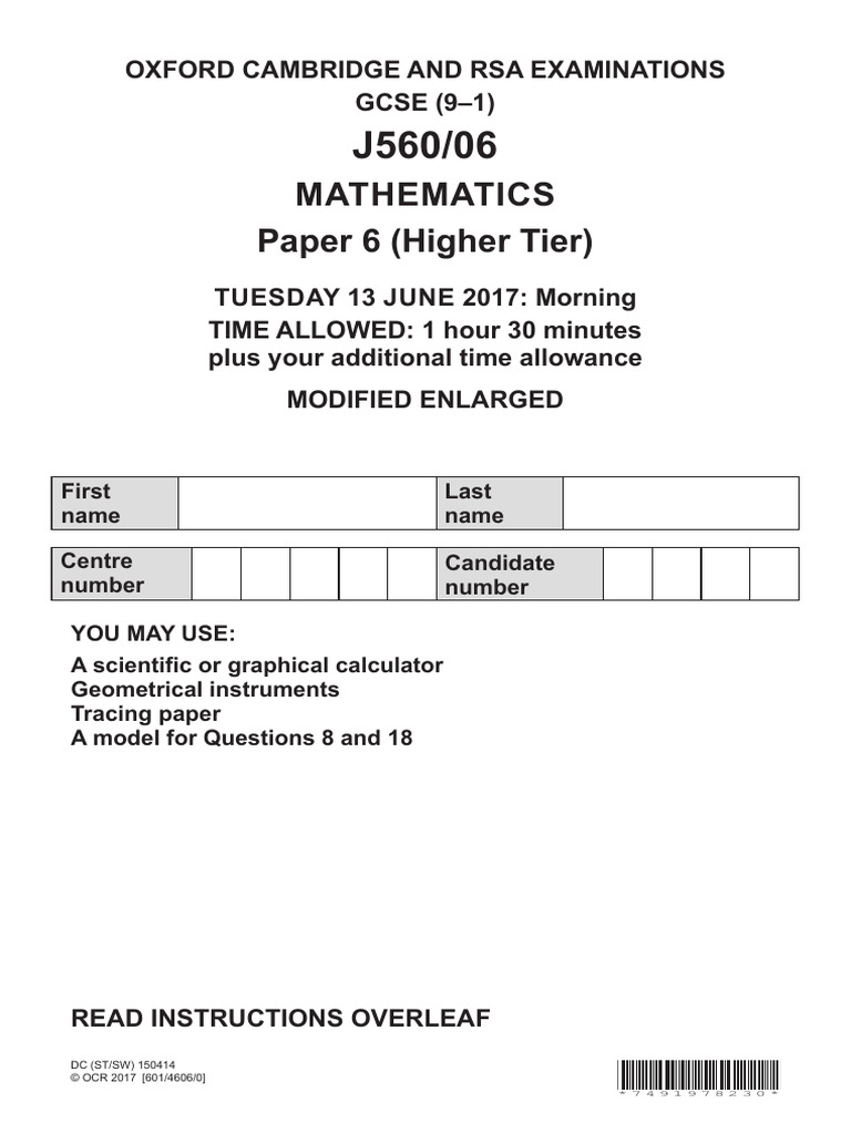 Mathematics Paper 6 (Higher Tier) : Oxford Cambridge and Rsa Examinations GCSE (9-1) | PDF ...