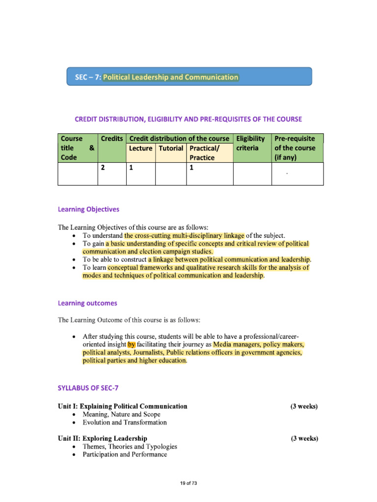 SEC Syllabus Sem 1 | PDF
