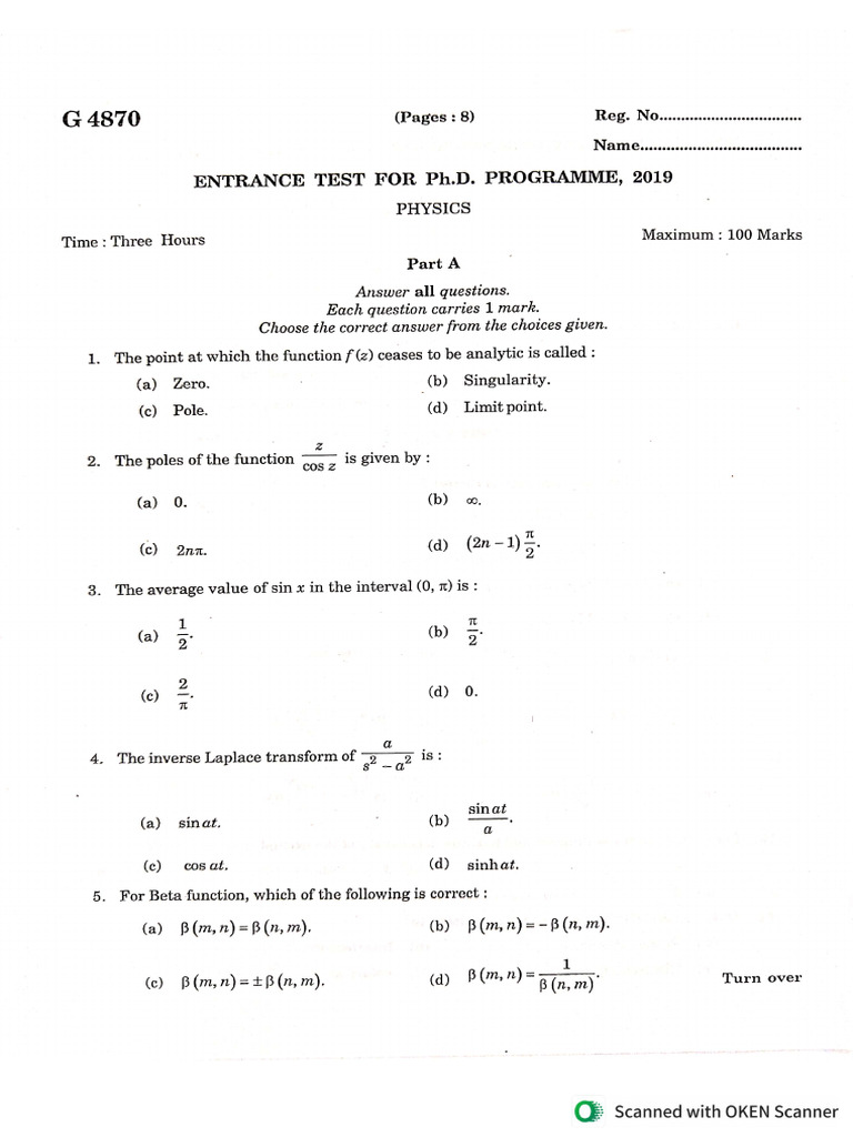 2019 - Physics - PhD Entrance Test | PDF 2019 - Physics - PhD Entrance Test | PDF