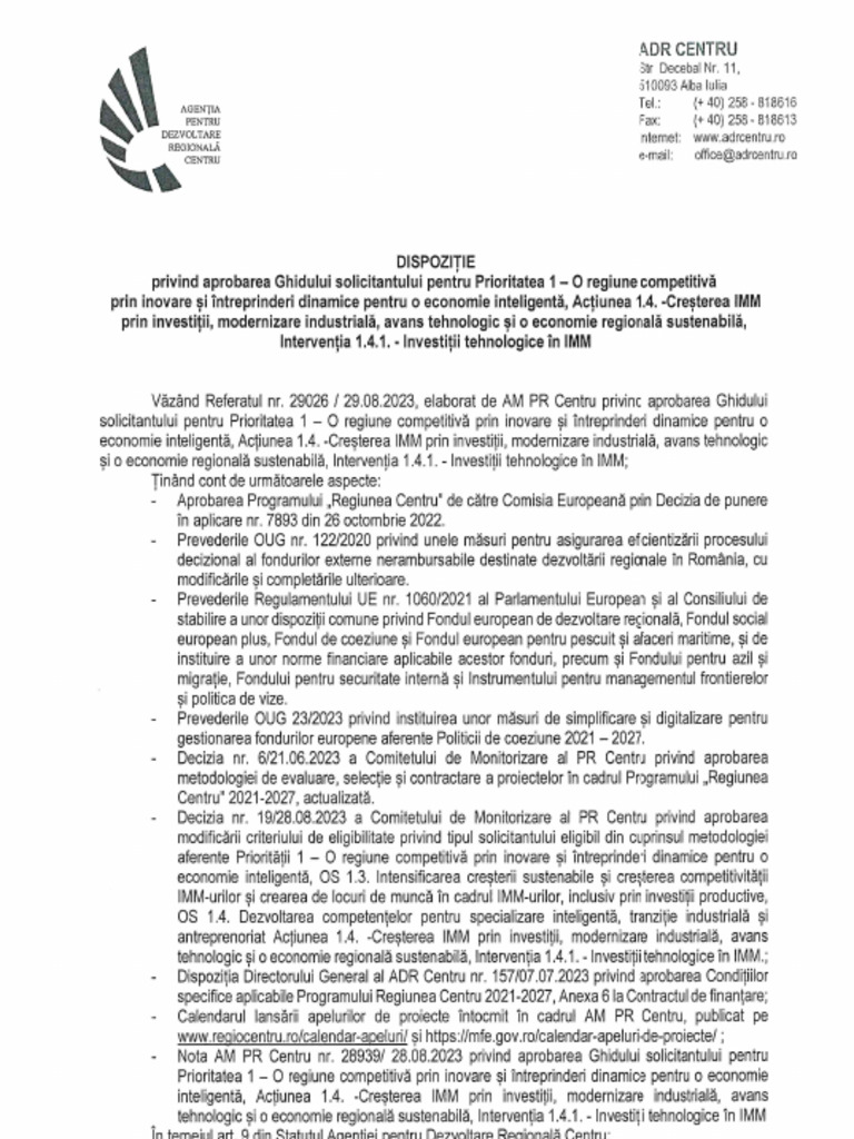 Dispozitia de Aprobare A Ghidului Solicitantului Actiunea 1.4.1 | PDF