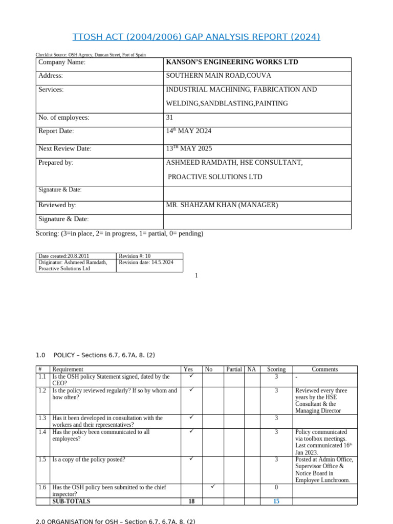 Osh Act Gap Analysis 2024 | PDF | Occupational Safety And Health | Working Conditions