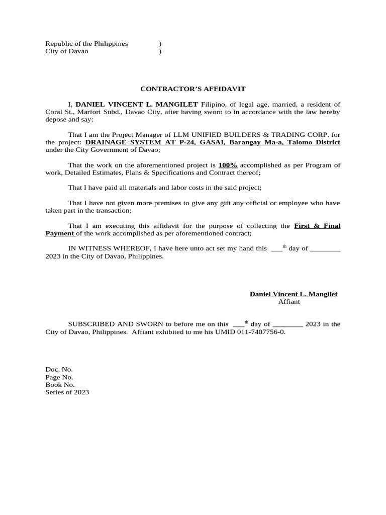Contractor's Affidavit for Payment | PDF