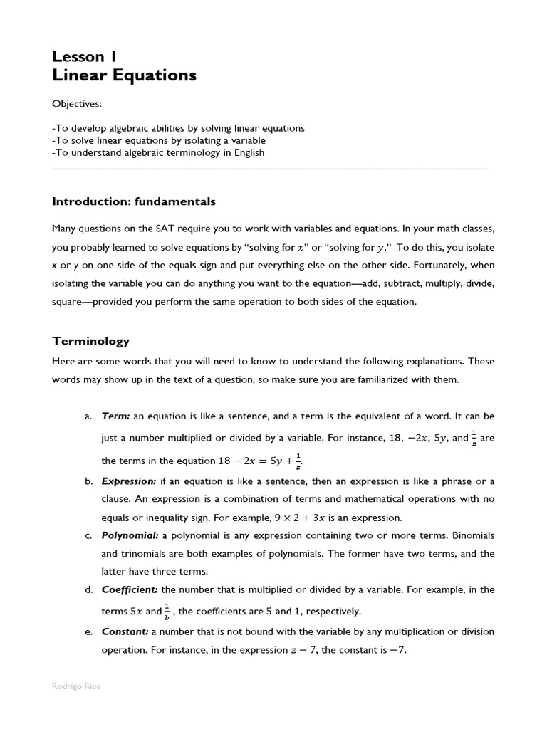 Lesson 1 - Linear Equations - Solving Equations (ALG 1) | PDF ...
