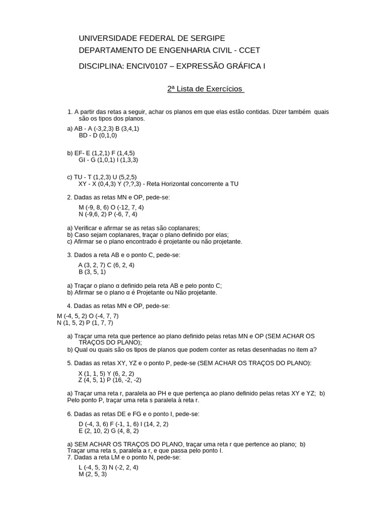 2 Lista de Expressão Gráfica I - Atualizada 2018 | PDF | Linha (Geometria) | Perpendicular