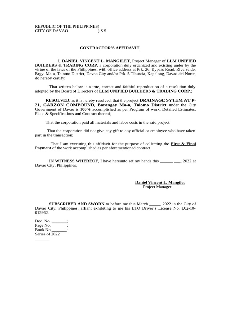 LUBTRACO CONTRACTOR'S AFFIDAVIT 2021 Gem Truscon | PDF | Affidavit | Private Law