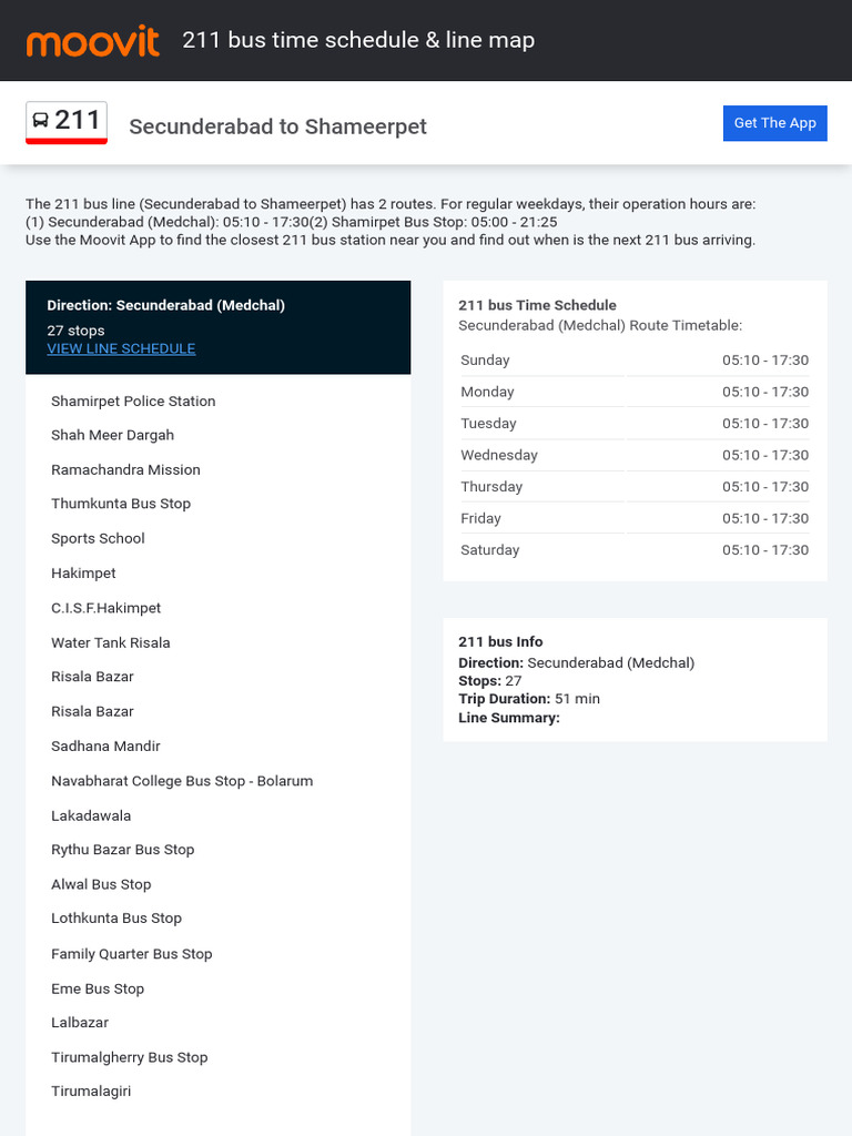 Secunderabad To Shameerpet: 211 Bus Time Schedule & Line Map | PDF ...