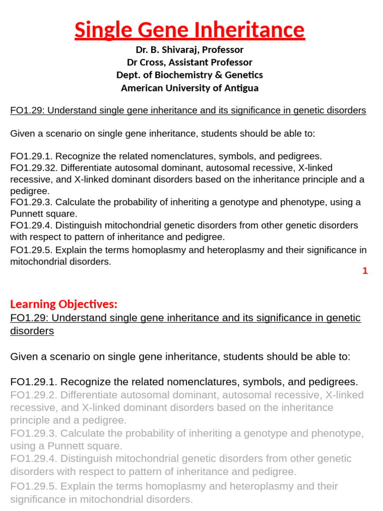 Single Gene Inheritance F2022 | PDF | Dominance (Genetics) | Zygosity