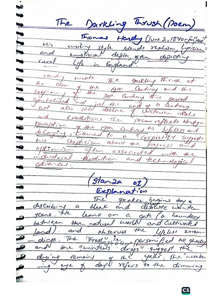 Notes of The Poem The Darkling Thrush | PDF