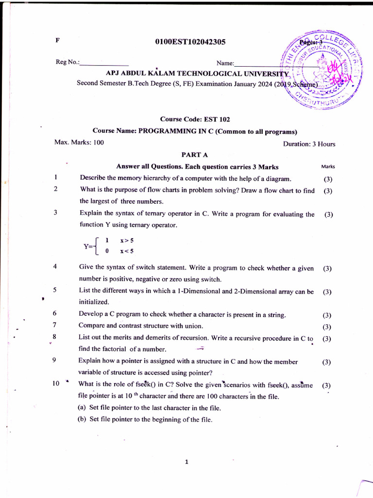 Est102 Programming In C January 2024 Pdf Computer Programming Software Engineering