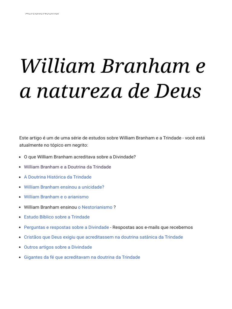 William Branham e a Divindade | PDF | Trindade | Jesus