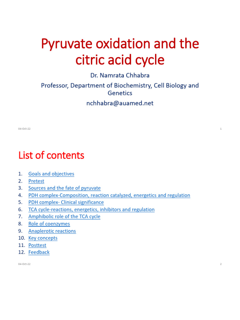 Pyruvate Oxidation & TCA Cycle Overview | PDF | Diet & Nutrition ...