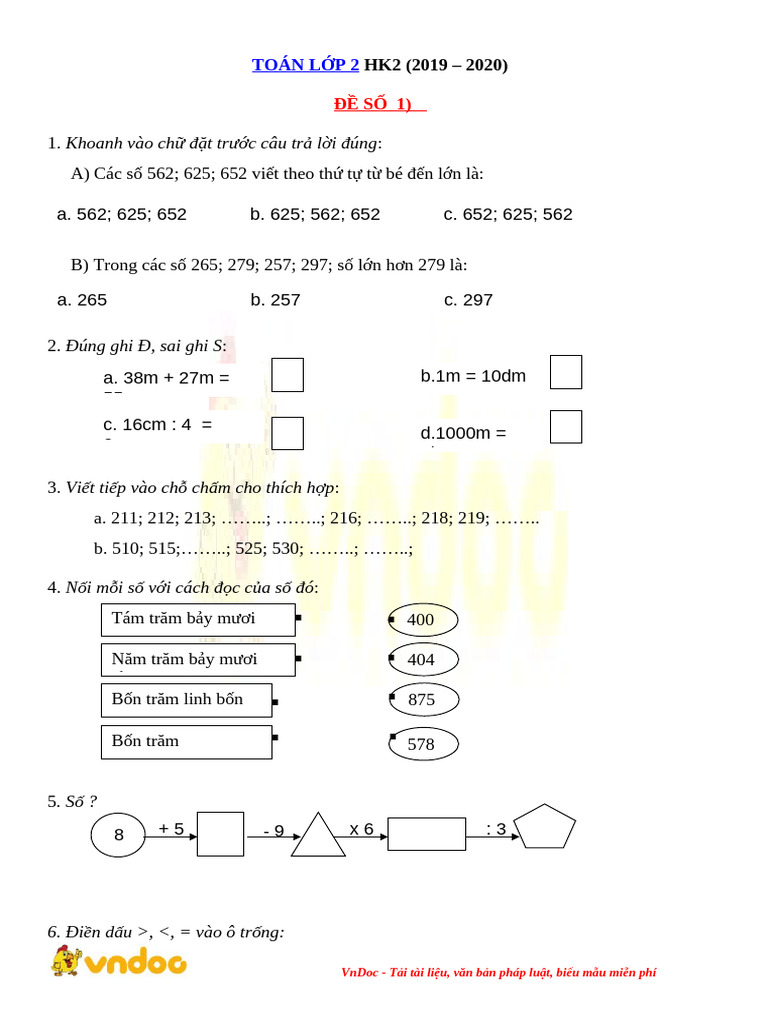 Bo de on Tap Hoc Ki 2 Mon Toan Lop 2 | PDF