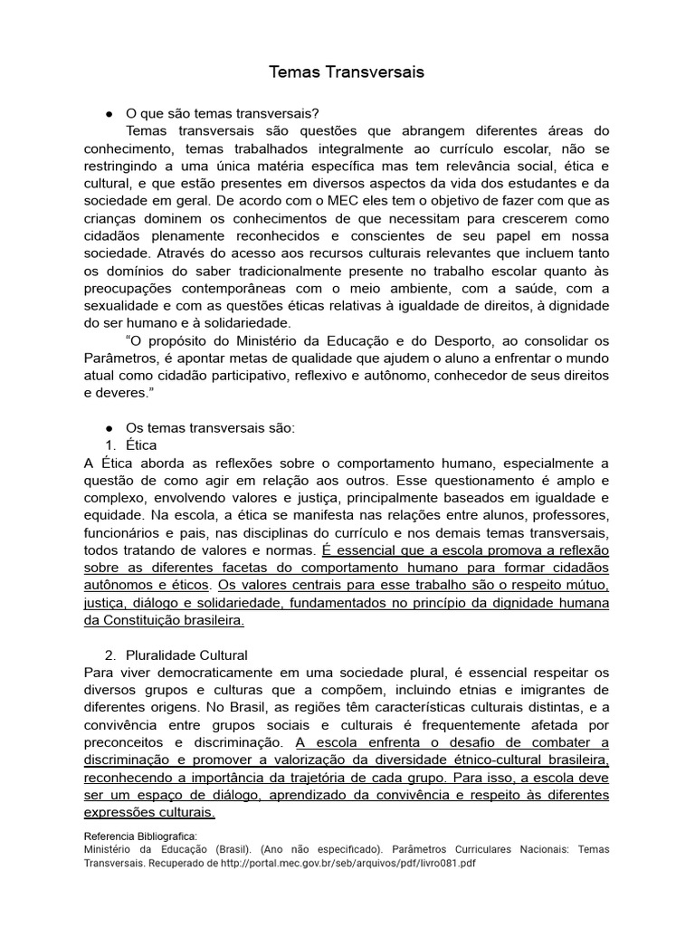 Temas Transversais na Educação Escolar | PDF | Sociologia | Ambiente ...