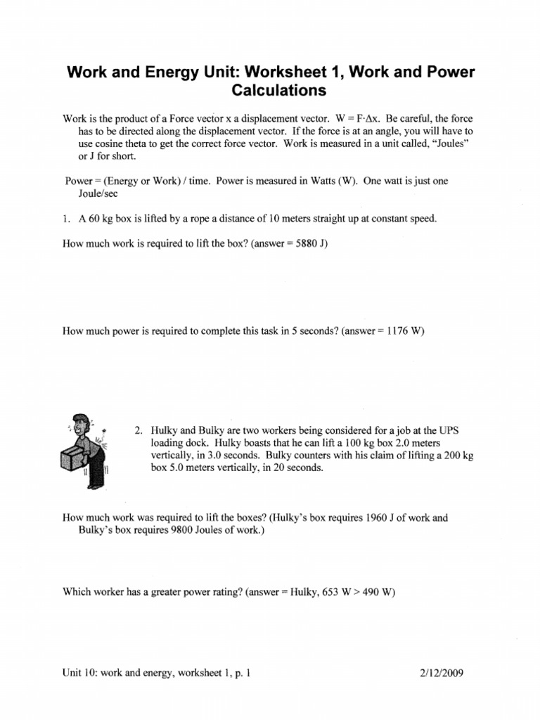 Work and Energy Calculations Worksheet | PDF | Potential Energy | Friction