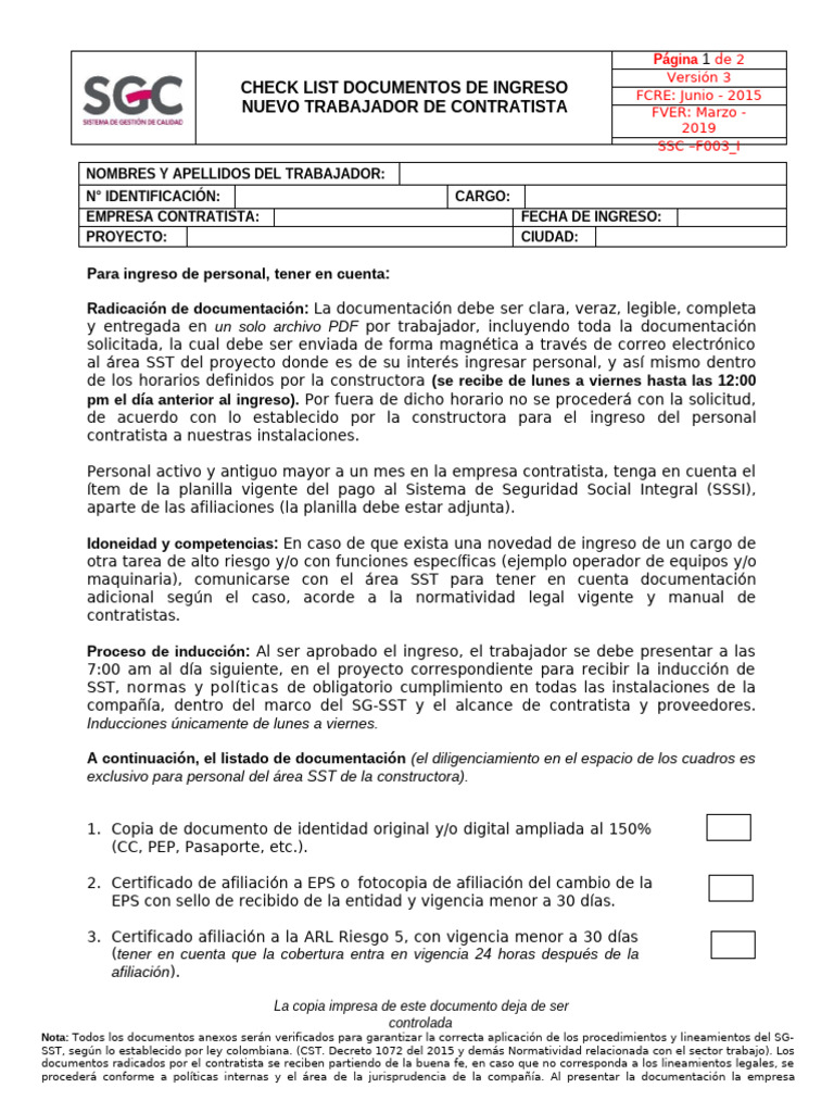 SSC-F003_I CHECK LIST DOCUMENTOS DE INGRESO NUEVO TRABAJADOR DE CONTRATISTA | PDF | Documento de ...