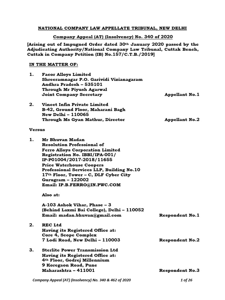 Facor Alloys Ltd. v. Vineet Infin (NCLAT) | PDF | Bankruptcy | Judgment (Law)