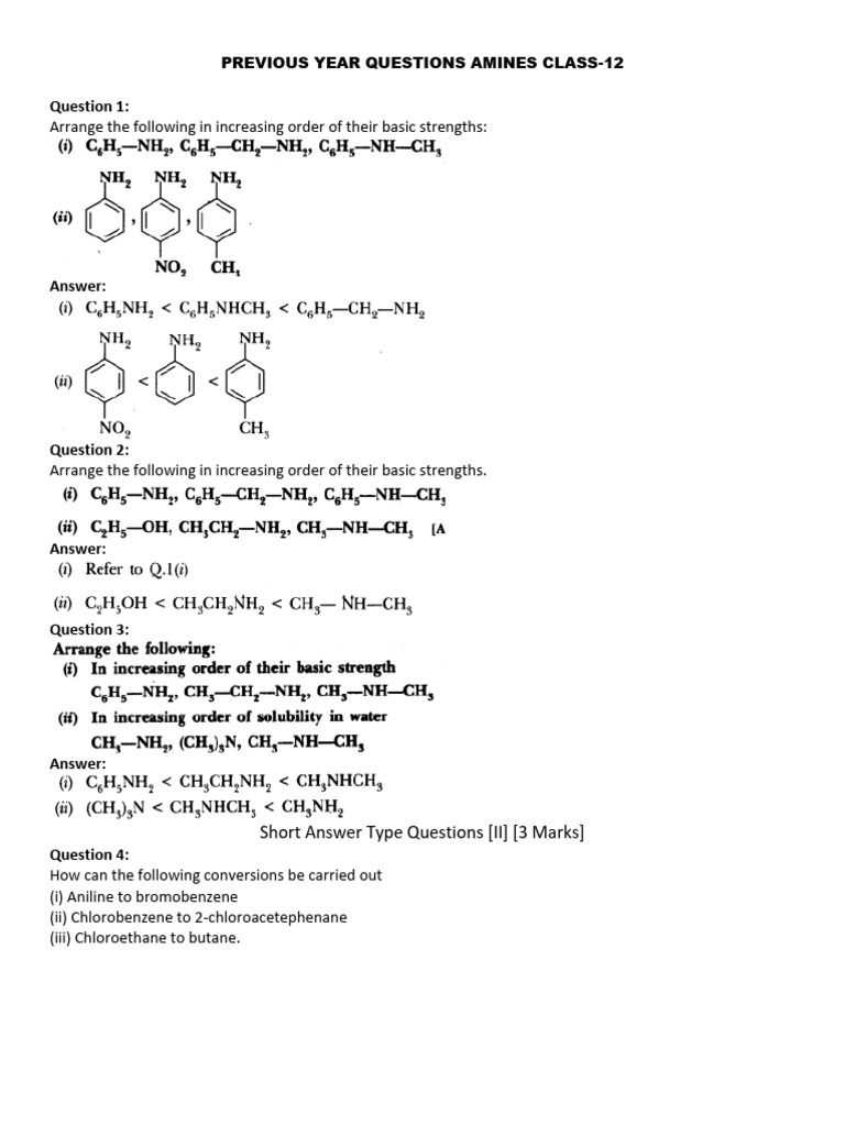 Previous Year Questions Amines Class-12 | PDF | Amine | Chemical Compounds