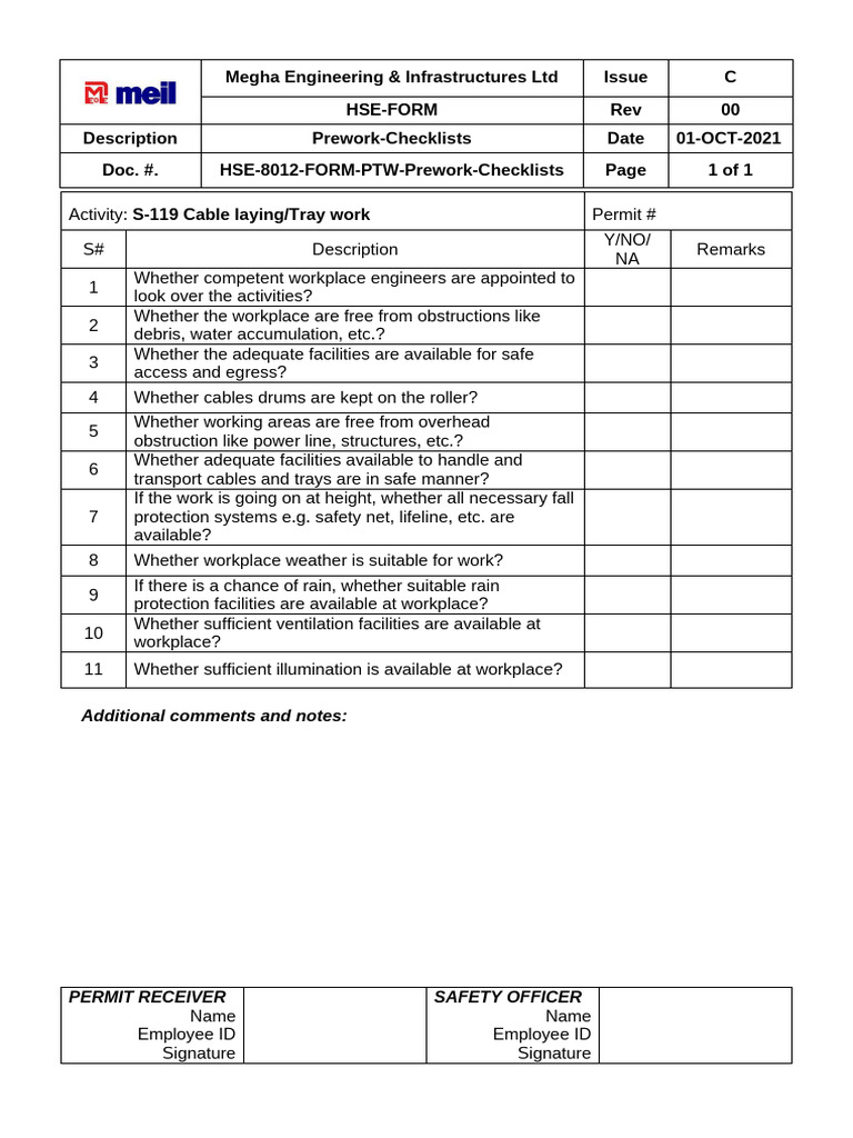 S-119 Cable Laying Safety Checklist | PDF