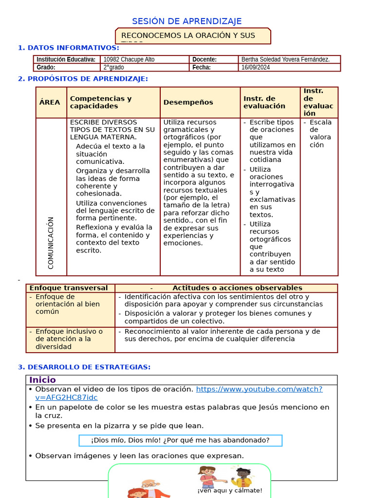 Sesion de Aprendizaje Reconocemos La Oracion y Sus Tipos | PDF ...