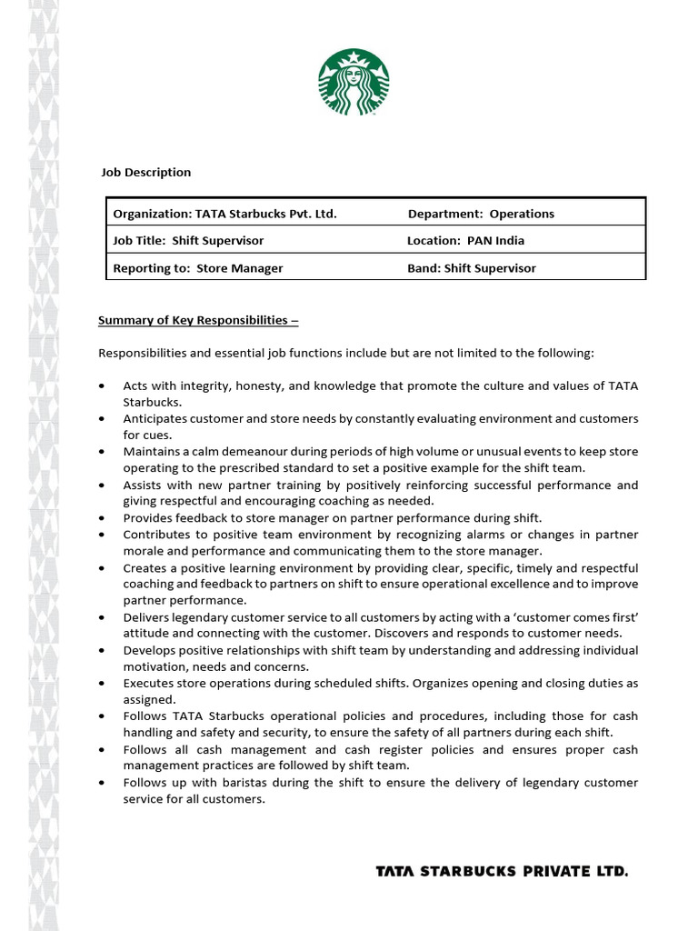 Shift Supervisor - Job Description - Tata Starbucks | PDF | Business ...