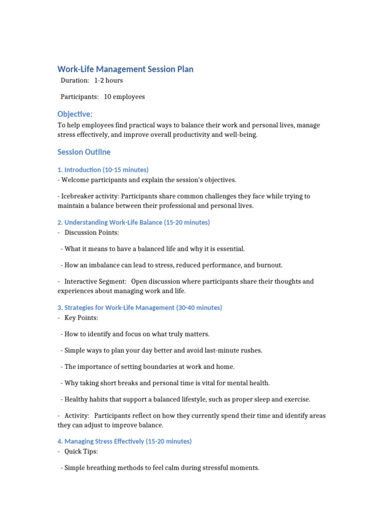 Work Life Management Session Plan Organizer Tushar Patil | PDF