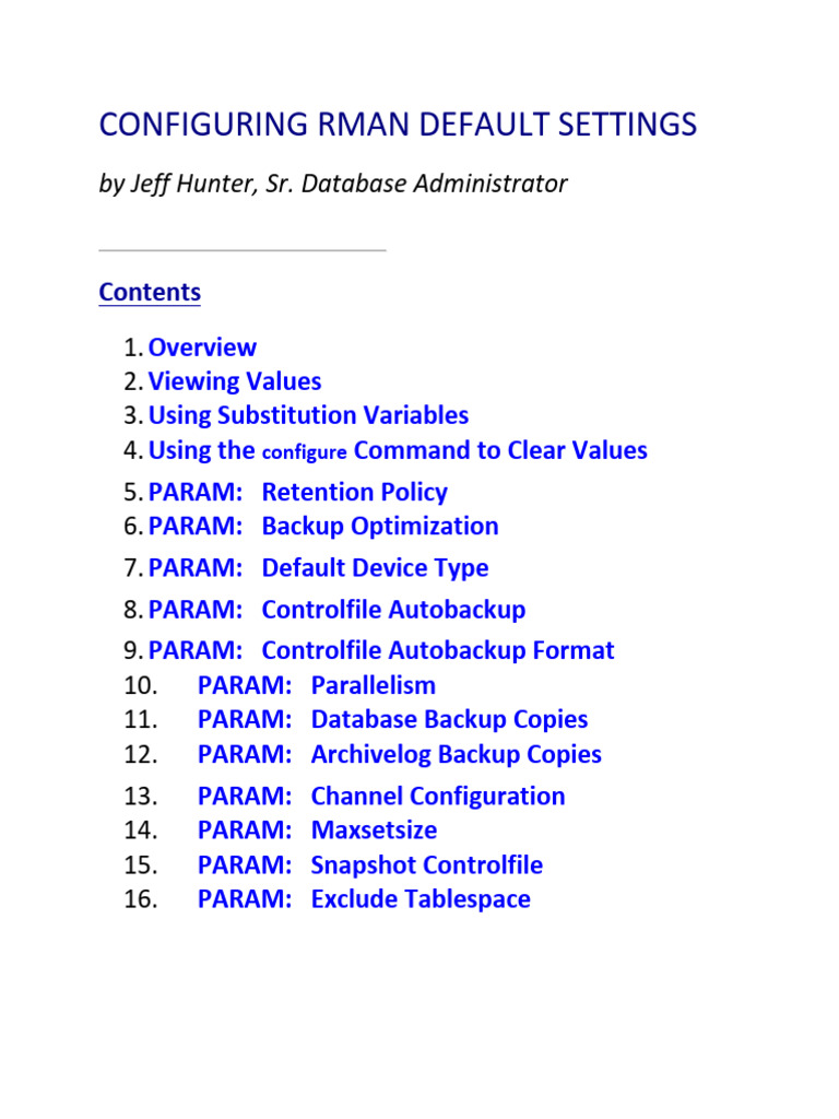 CONFIGURING RMAN DEFAULT SETTINGS | PDF | Backup | Computer File