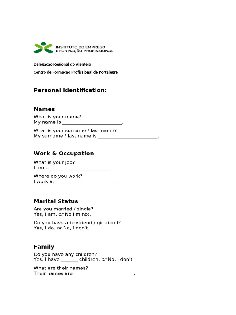 Personal Identification Exercises | PDF